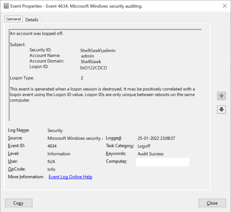 Event Id 4634 - An Account was logged off - ShellGeek