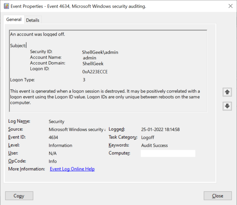 Event Id 4634 - An Account was logged off - ShellGeek